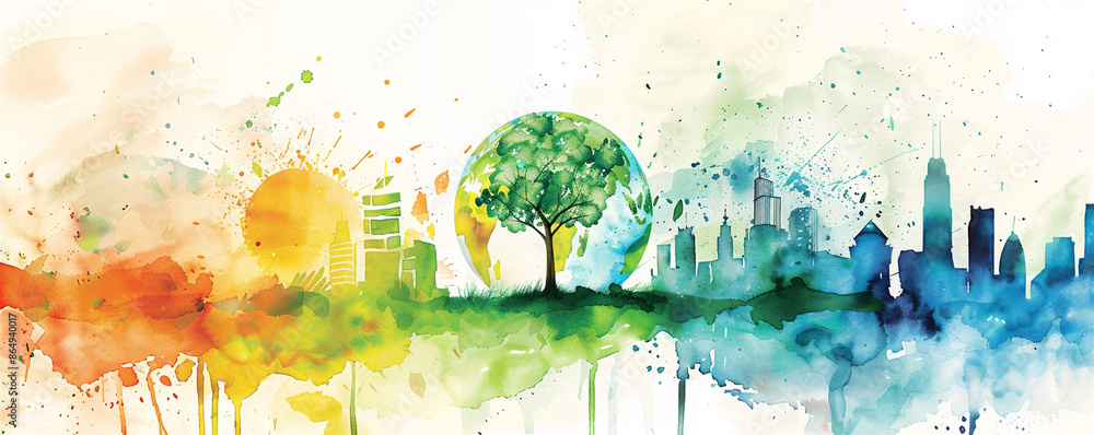 Vibrant Watercolor Painting of Sustainability, Environmentally Friendly ...