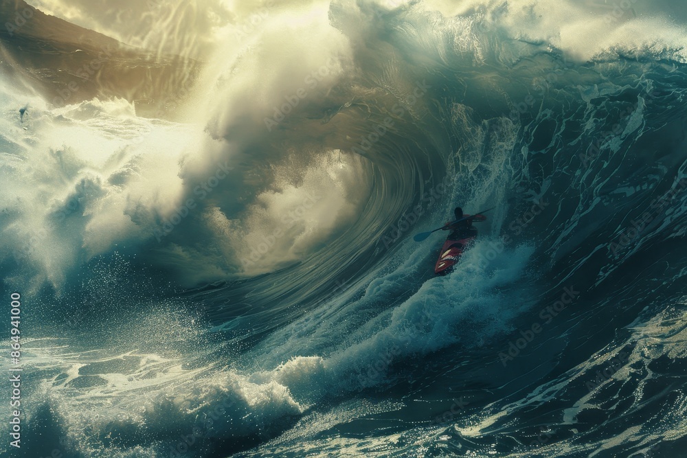 A person in a kayak rides a huge wave, showcasing bravery and skill in ...