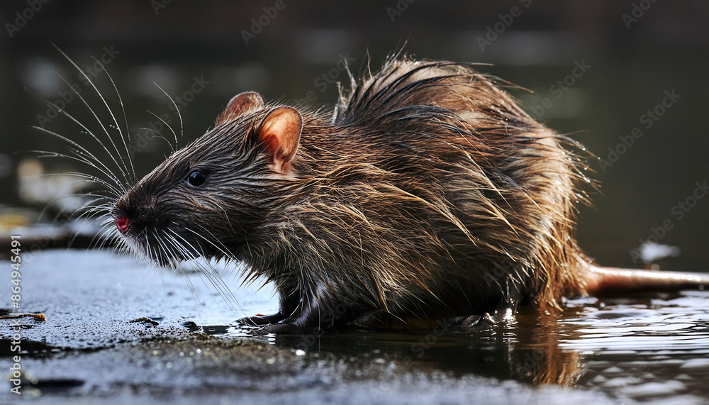 closeup Grimy sewer rat with dirty fur and whiskers, side view above ...