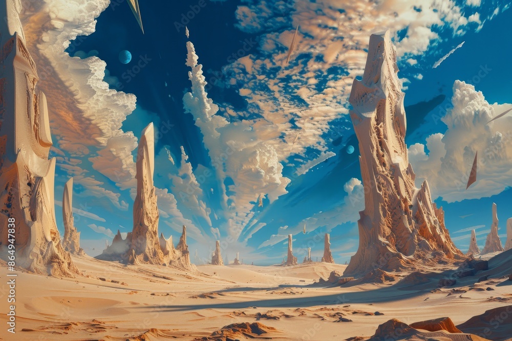 A painting depicting a surreal desert landscape with towering sand ...