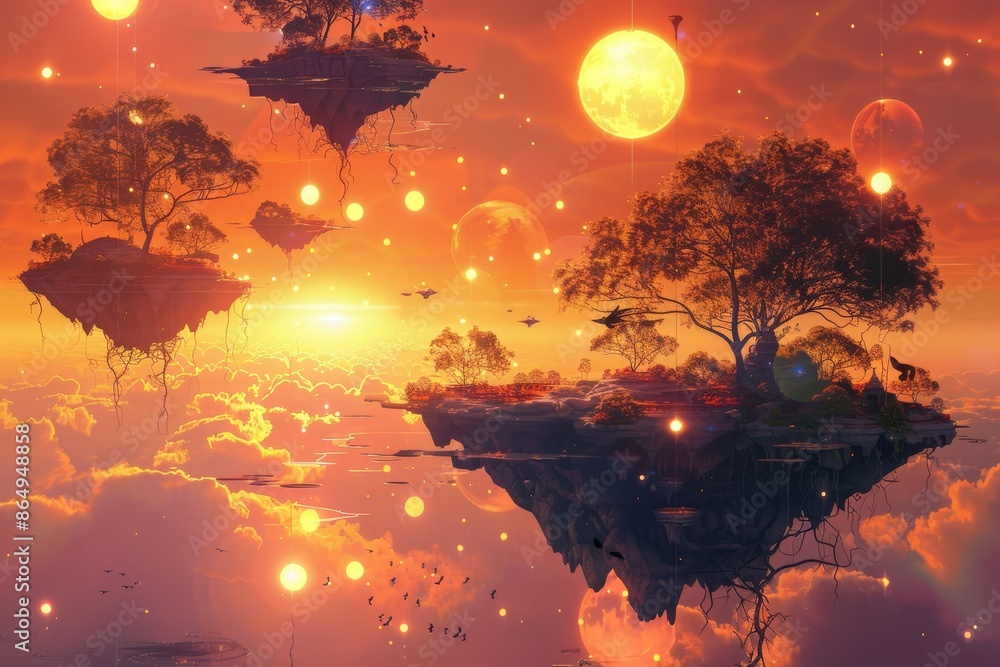 A floating island stands amidst the water, creating a surreal ...