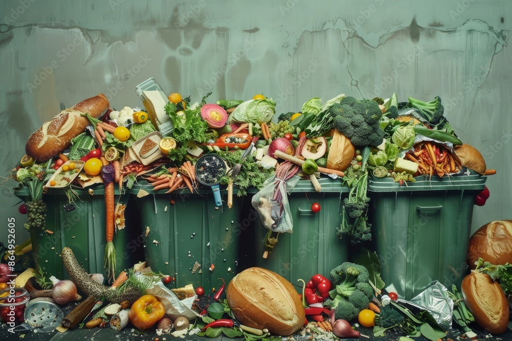 A pile of garbage overflowing next to a green trash can on the street ...
