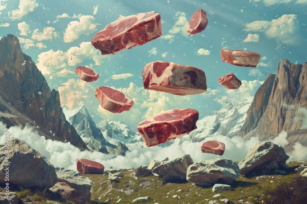 Numerous rocks soaring above ground in a surreal landscape, A surreal ...