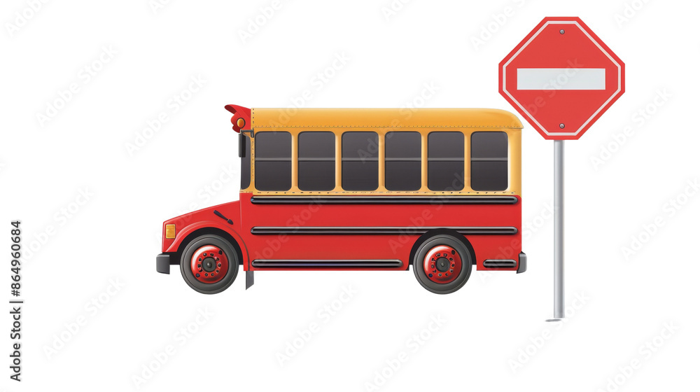 Illustration of a red school bus next to a stop sign. Represents ...