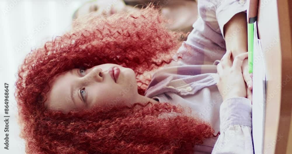 Vertical view of charming Caucasian girl with long curly hair. Child ...