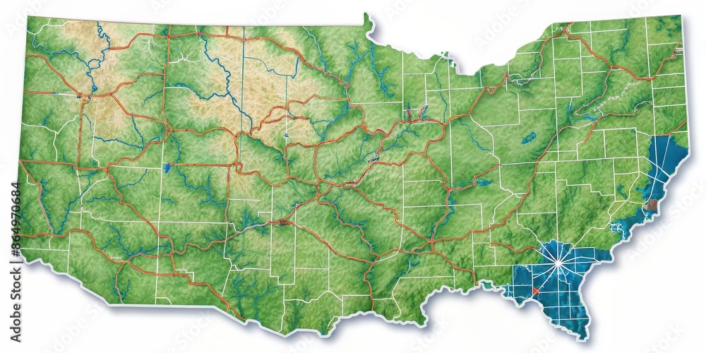 Ohio state map with artistic design, showing cities, rivers, and ...