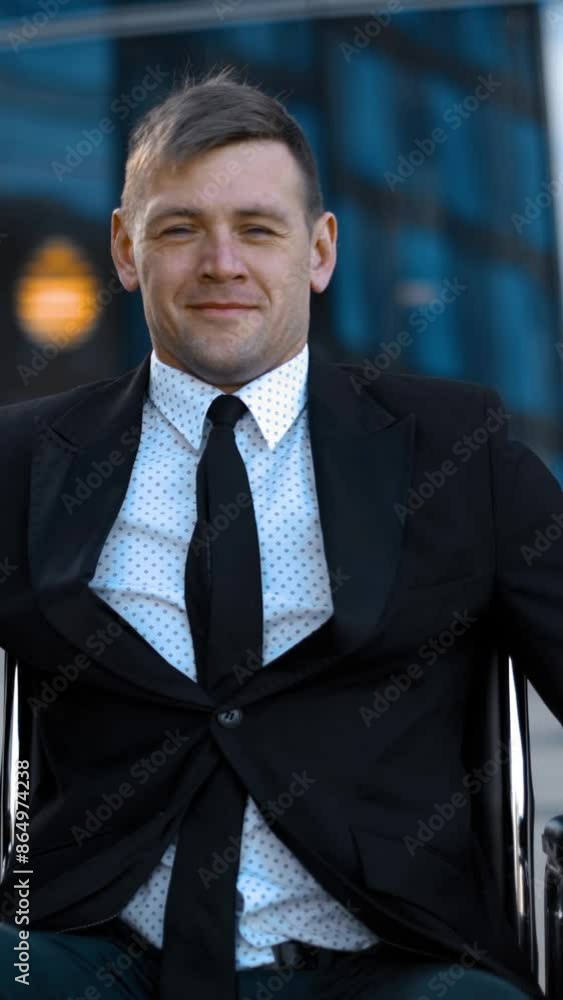 Disabled attractive invalid entrepreneur unfolds on wheelchair outdoor ...