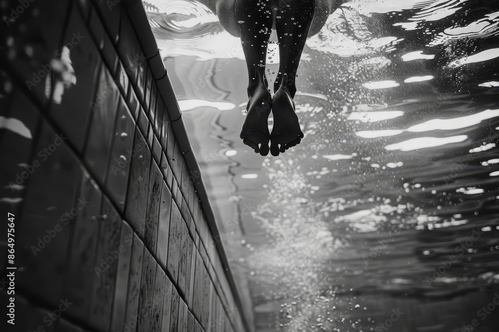 A swimmer pushing off the pool wall in a black and white setting, A ...