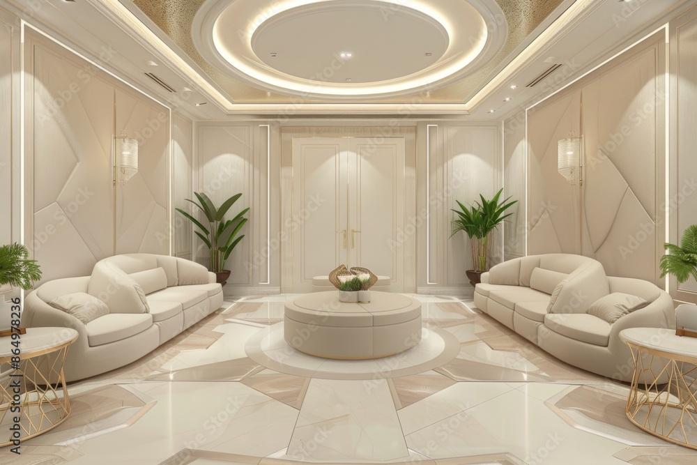Interior design of a modern office rest area featuring white sofas and ...