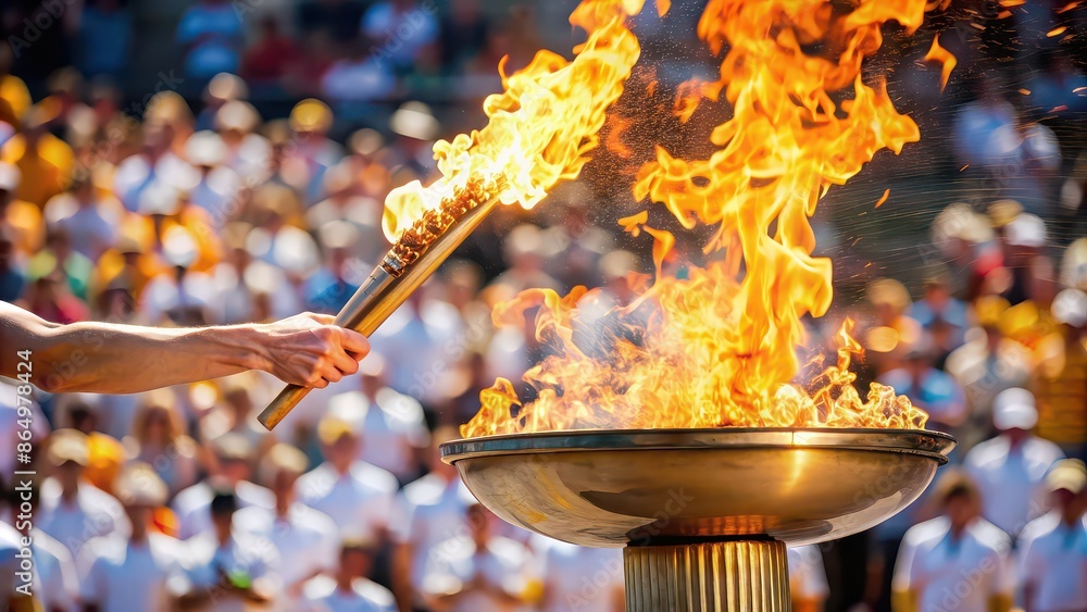 Olympic flame being lit during a traditional ceremony, Olympics, symbol ...