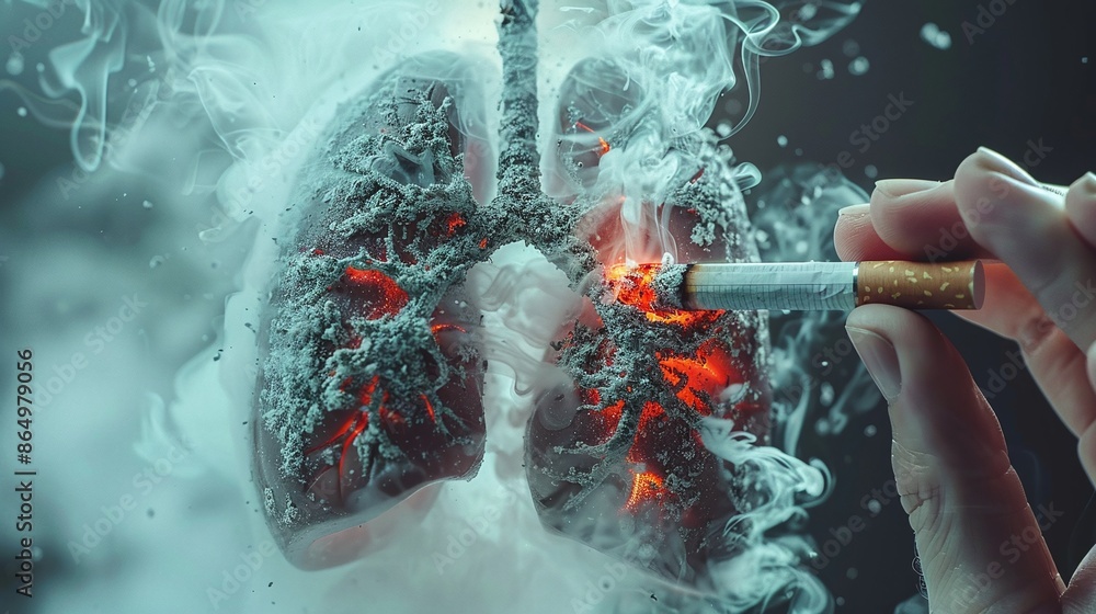 Smoker hand holding a smoking cigarette next to lungs full of smoke ...
