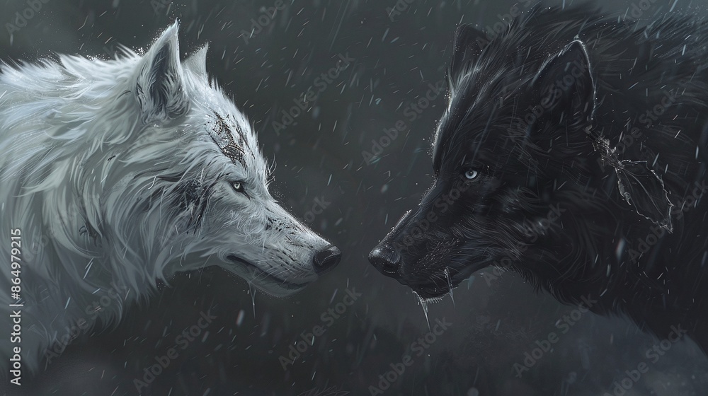 white wolf and black wolf - duel of good and evil concept art - a white ...