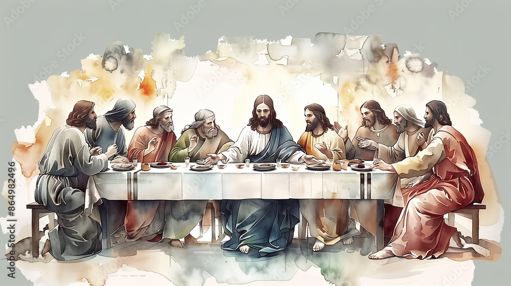 Watercolor Illustration of Jesus Christ at the Last Supper with ...