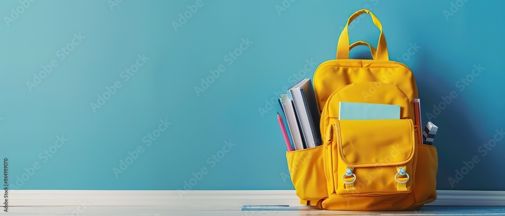 Bright backpack with school stationery isolated on blue background ...