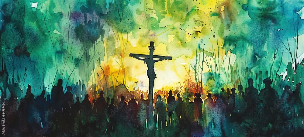 Jesus Christ on cross surrounded by crowd people, green watercolor ...