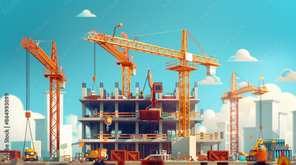 construction of a government building, with cranes and workers on-site ...