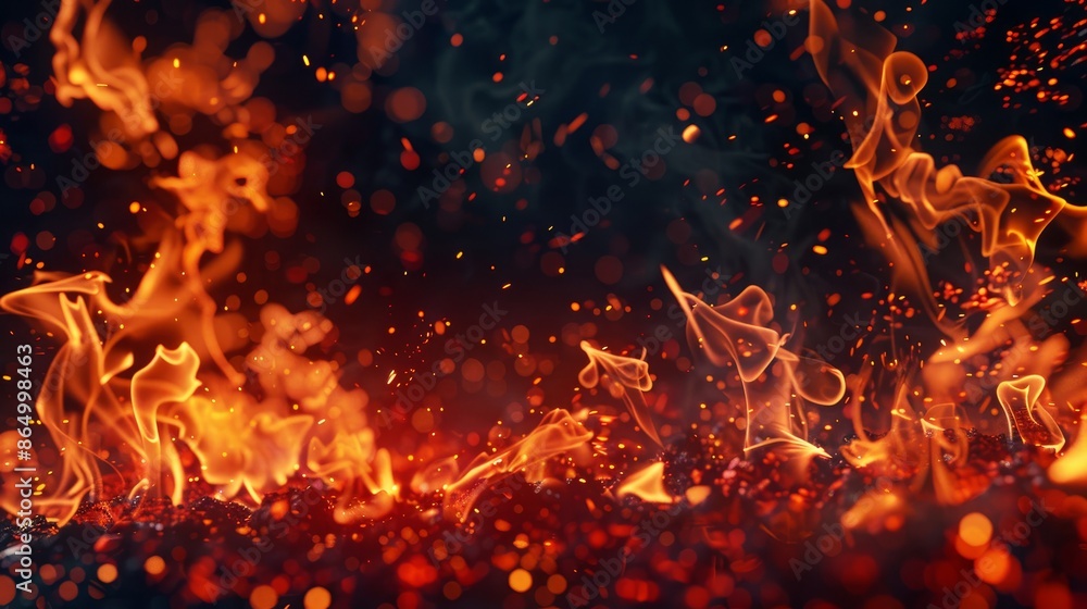 Realistic fire flames with particles and embers background Stock Photo ...