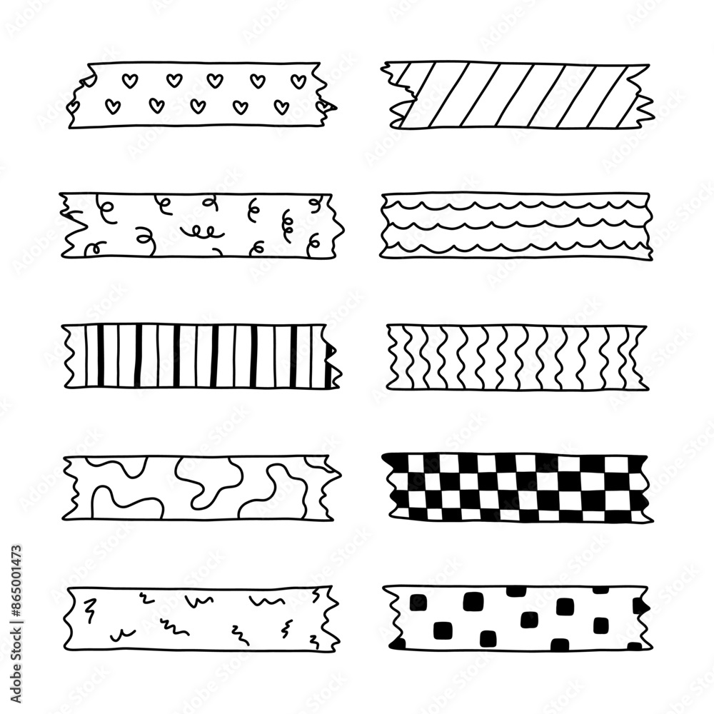 Doodle set of washi tape stripes with squiggle, geometry and cute ...