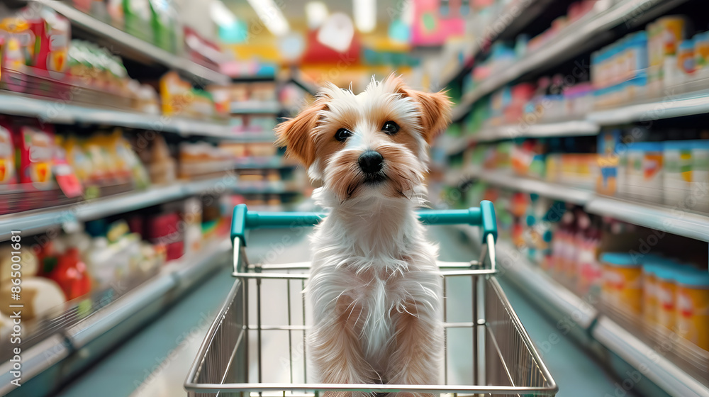 Cute funny dog in grocery store shopping in supermarket. puppy dog ...
