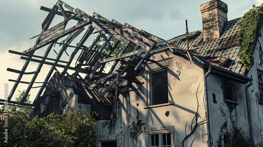 house fire, burned roof truss, demolotion work, fire damage Stock Photo ...