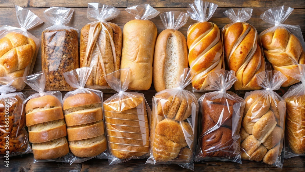 Bread packaging with assorted loaves in clear plastic bags, bread ...