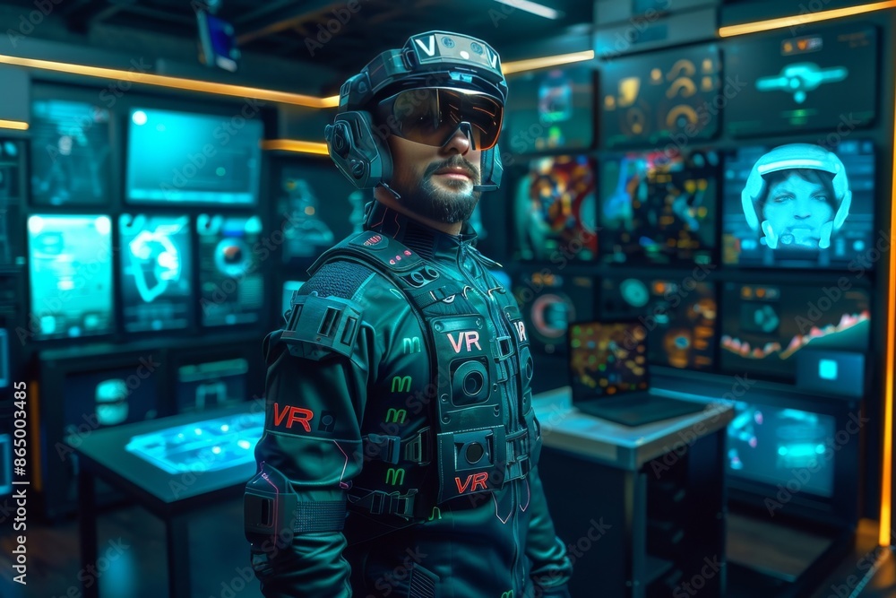 VR gaming setup with pilot in a high-tech control room, experiencing ...
