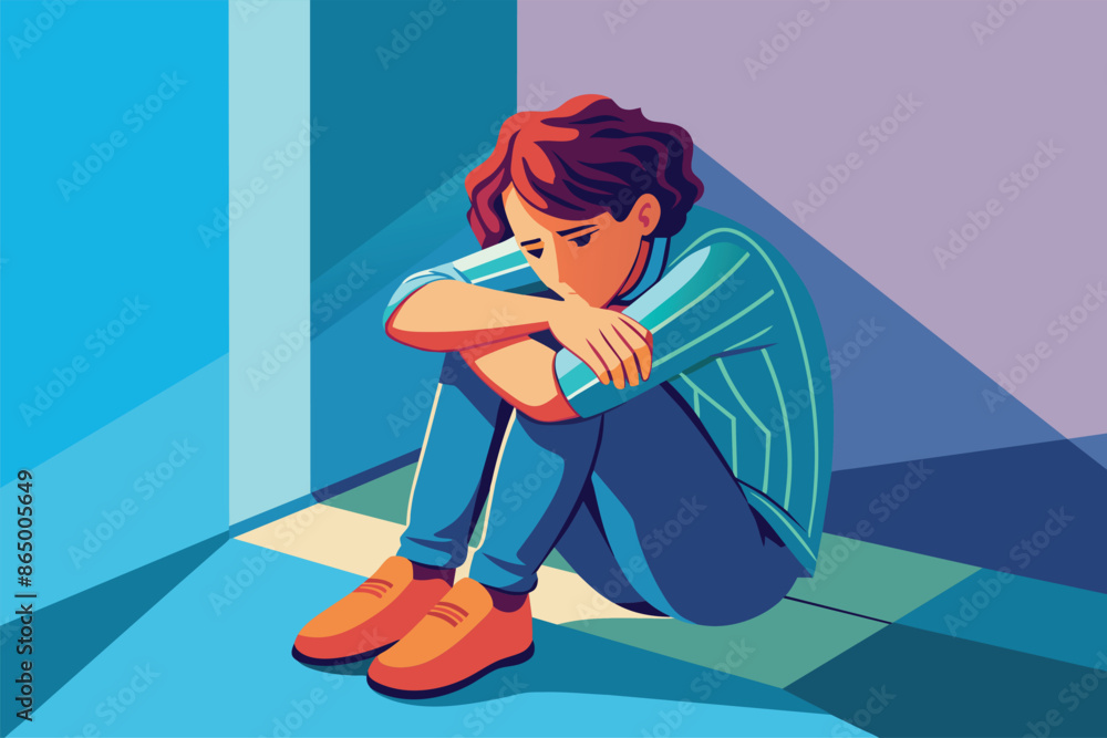 Lonely girl sitting in solitude, vector cartoon illustration. Young ...