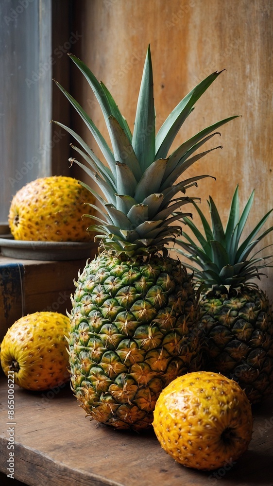 Group of ripe pineapples arranged on rustic wooden surface near window ...