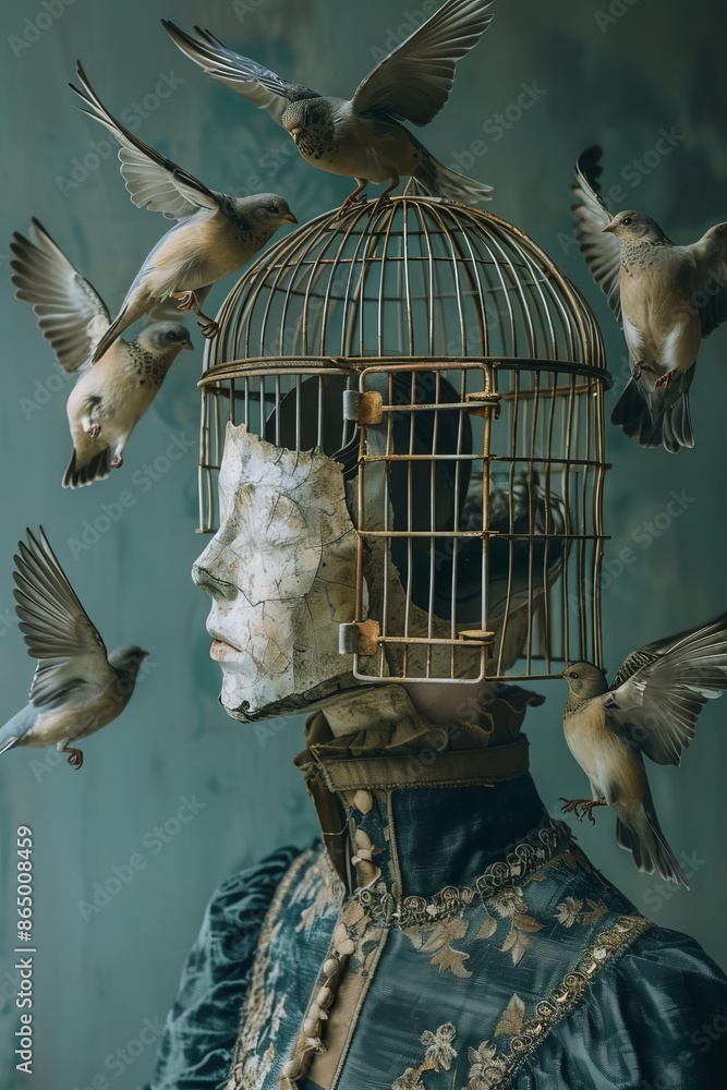 closeup of Surreal scene of a person with birdcage instead of head The ...