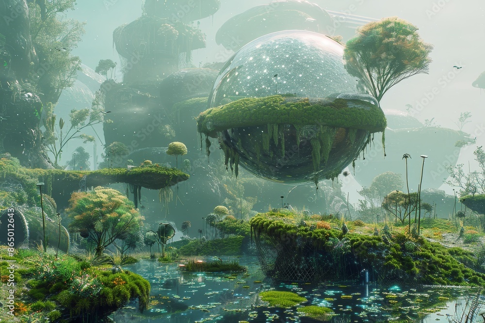 Artificial ecosystems thriving on a terraformed planet, showcasing a ...
