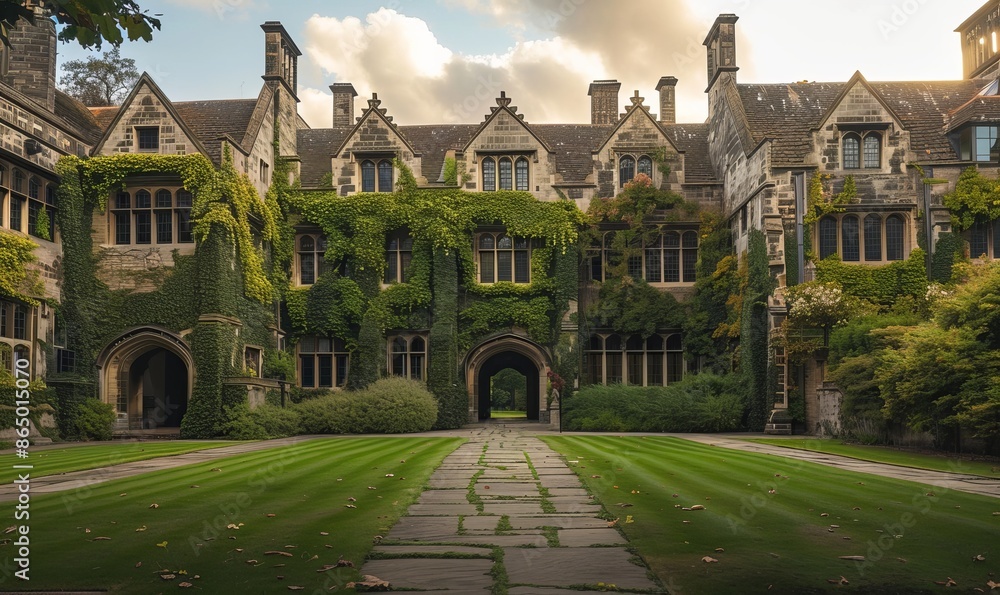 old university building with ivy-covered walls and large windows ...