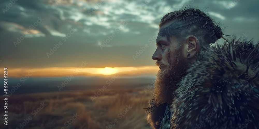 Profile of medieval dwarf viking warrior chief at sunrise. Concept ...