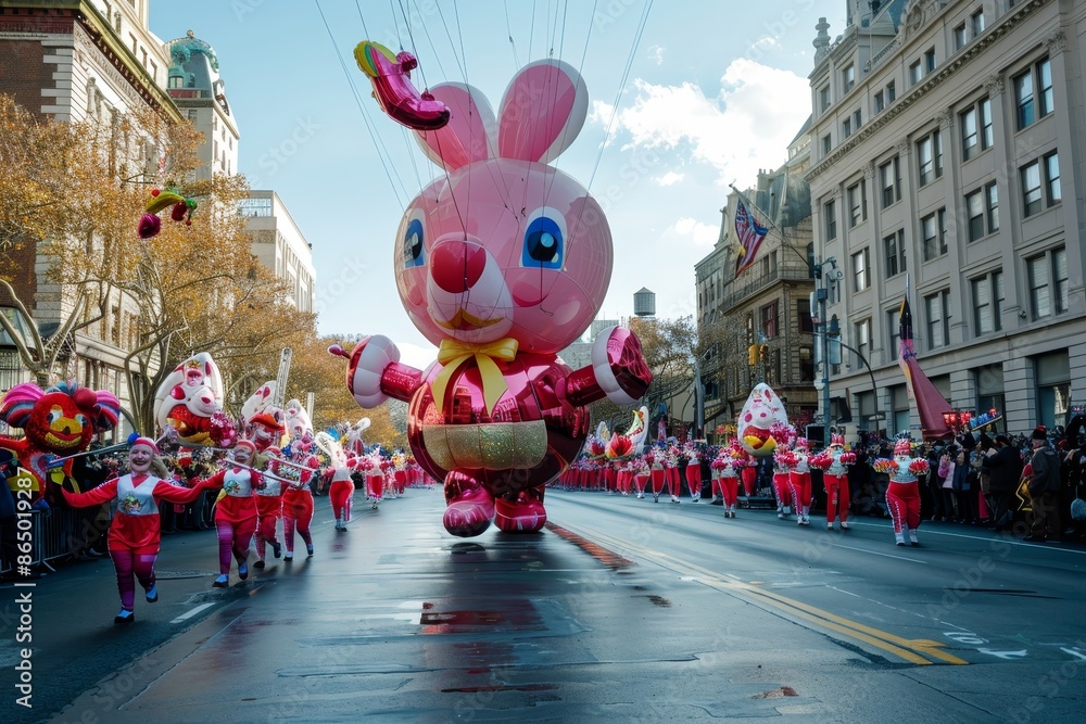 Crowd of people walking down street during Thanksgiving parade with ...