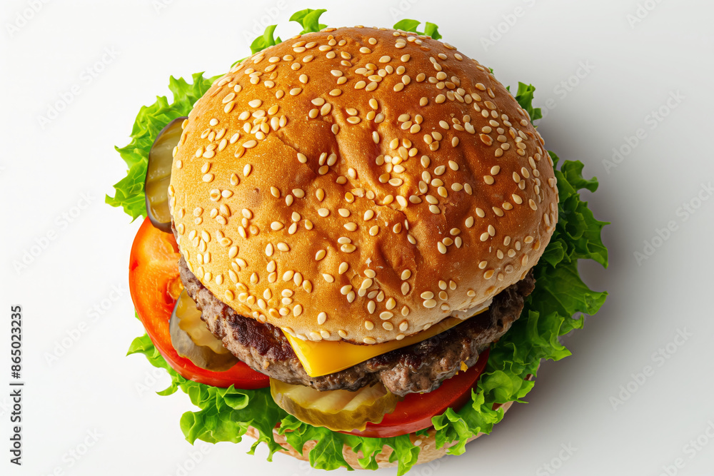 showcasing a top-down view of a classic cheeseburger with a perfectly ...