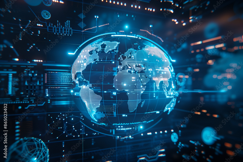 Featuring a blue technology background, the holographic world map is centered with striking sci ...