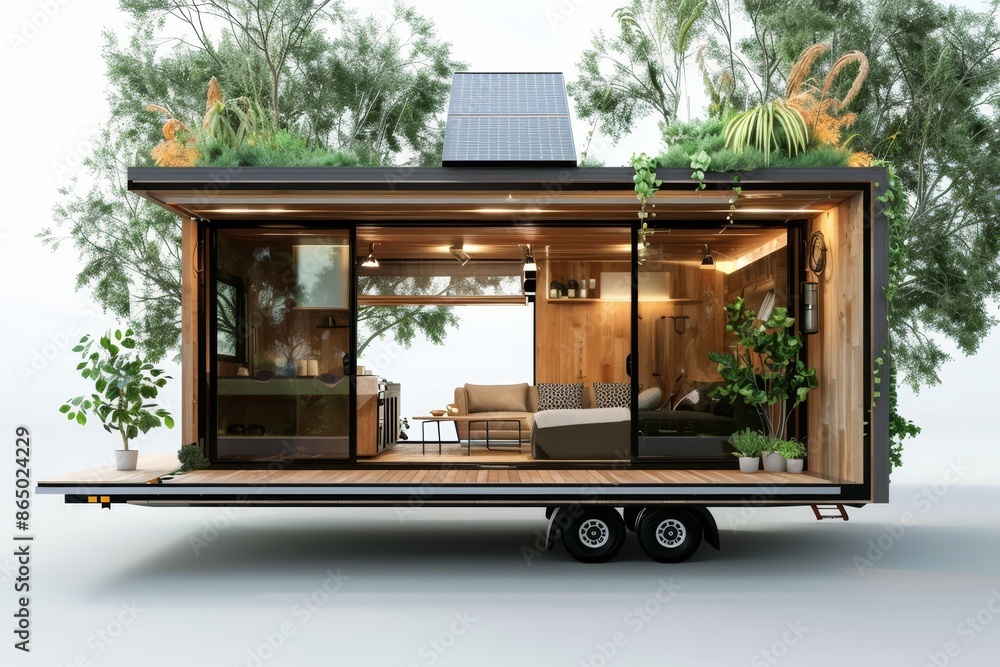 Small mobile house with a rooftop living space on wheels, showing ...