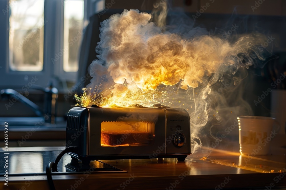 A toaster oven emitting smoke and sparks due to a malfunction, A ...