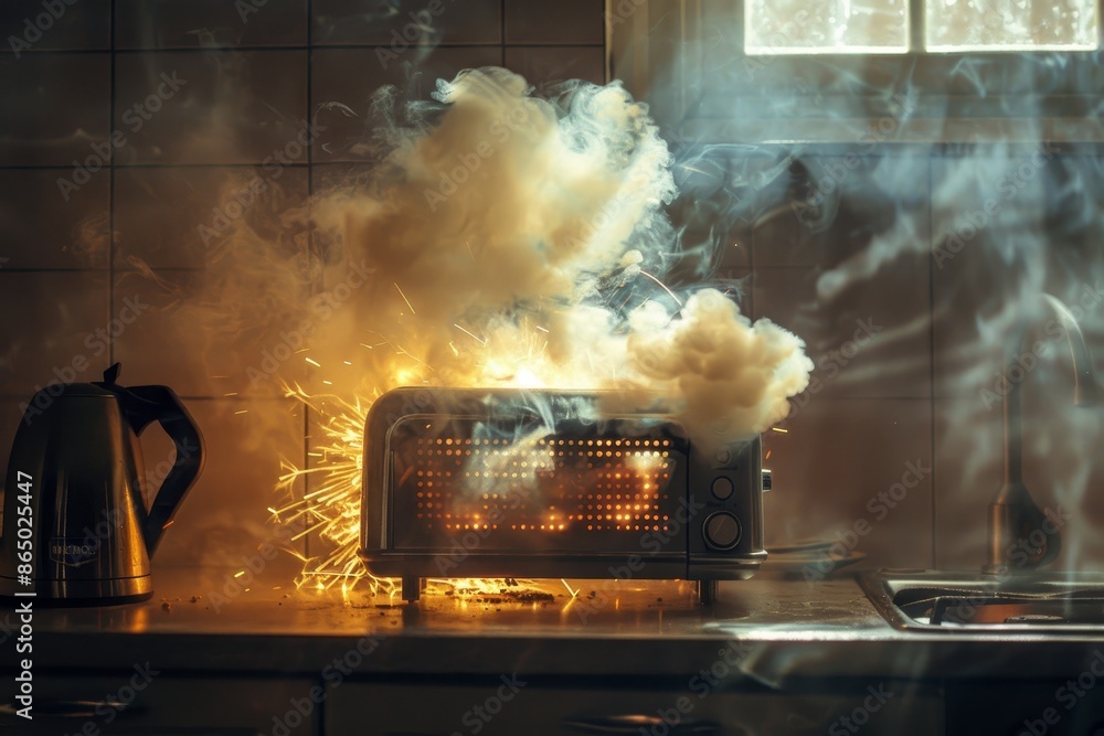 A toaster oven emitting smoke and sparks due to malfunction, A toaster ...