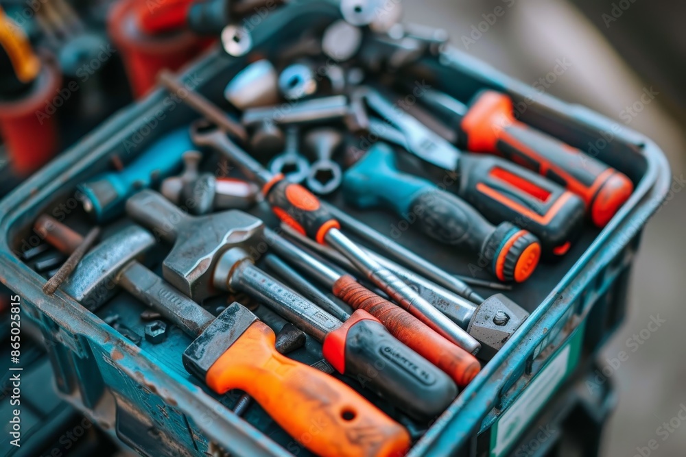 Tool box filled with various types of tools for construction and repair ...