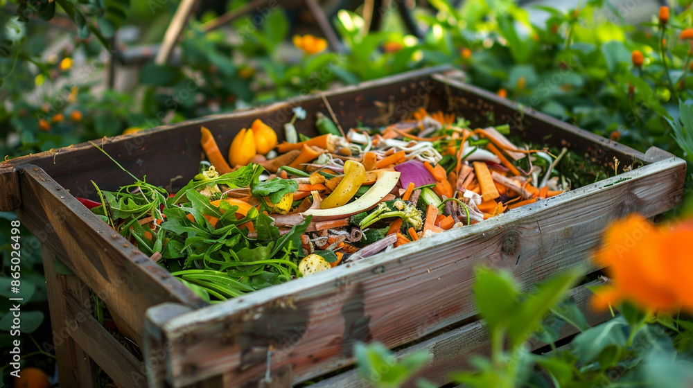 Compost container full of mixed vegetables and fruits peels and scraps ...