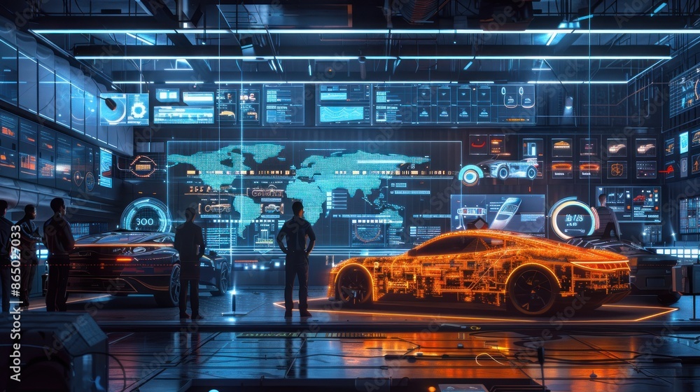 Automotive engineers in futuristic garage working on electric or ...