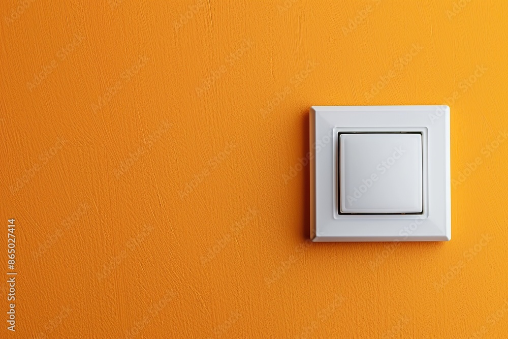 White light switch on an orange painted wall. Square shaped rocker ...