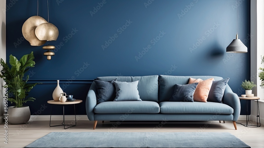Living room, Scandinavian design cheerful interior with royal blue ...