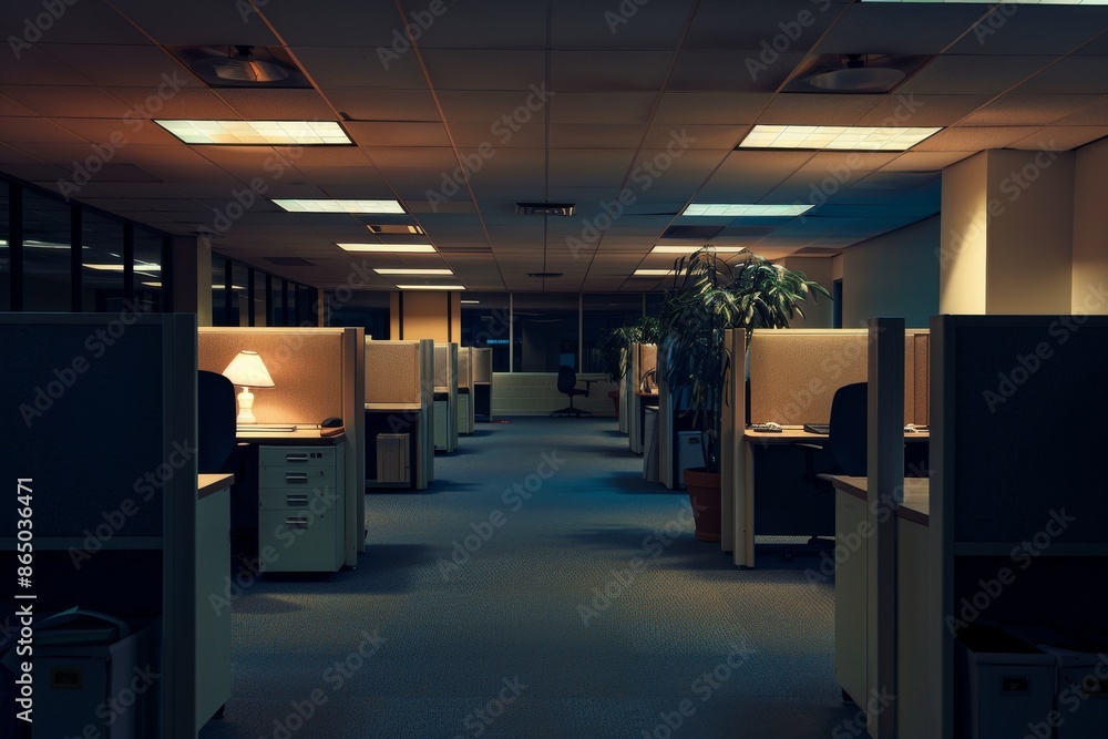 An unoccupied office space featuring cubicles and desks in a ...
