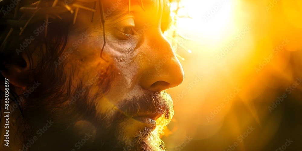 Jesus' face illuminated by sunset colors, creating a halo effect in ...