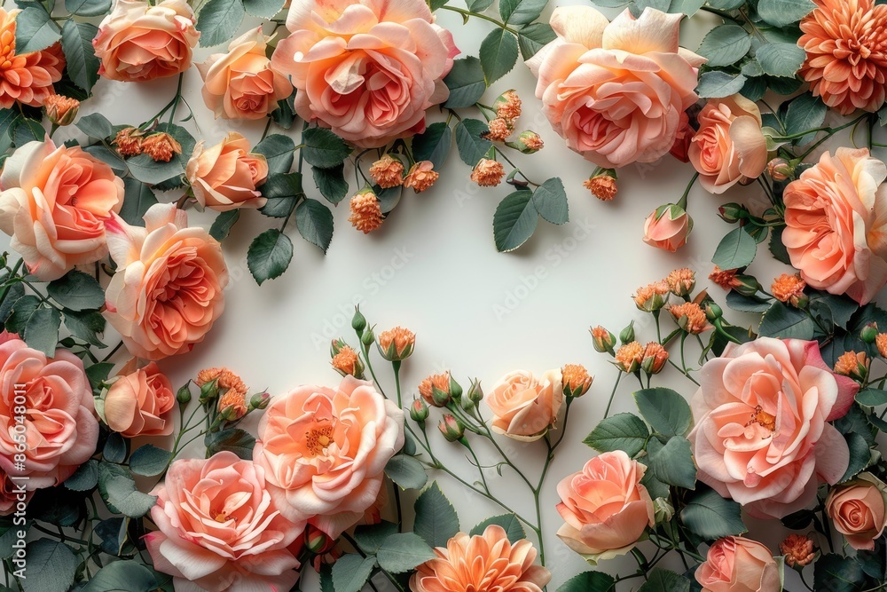 Blush pink roses frame on white background. Various creamy pink roses ...