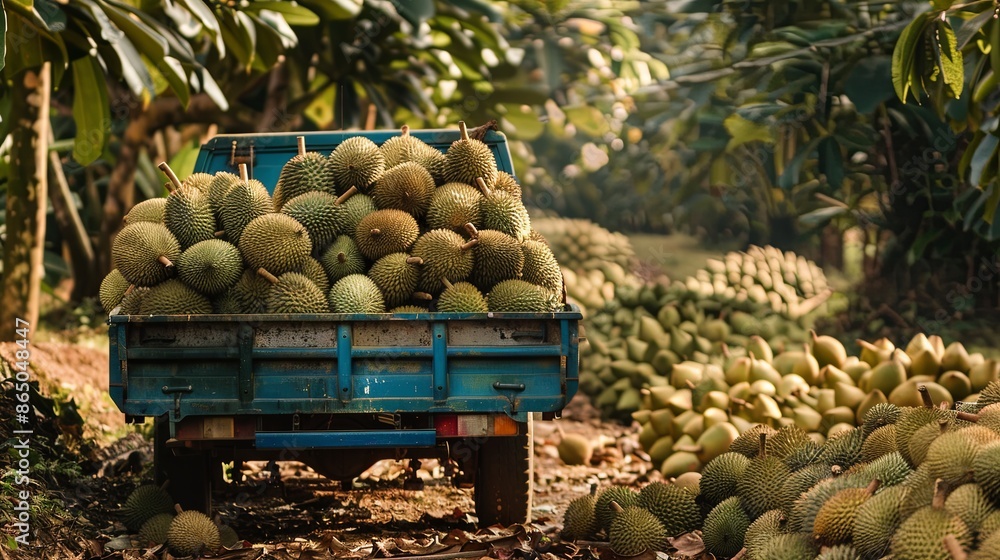 Durian harvesting. Pickup truck in an orchard full of fresh durian, the ...
