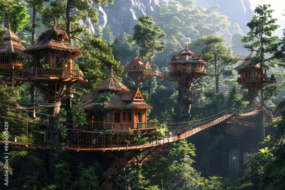 Tree house surrounded by dense forest with connected bridges, A ...