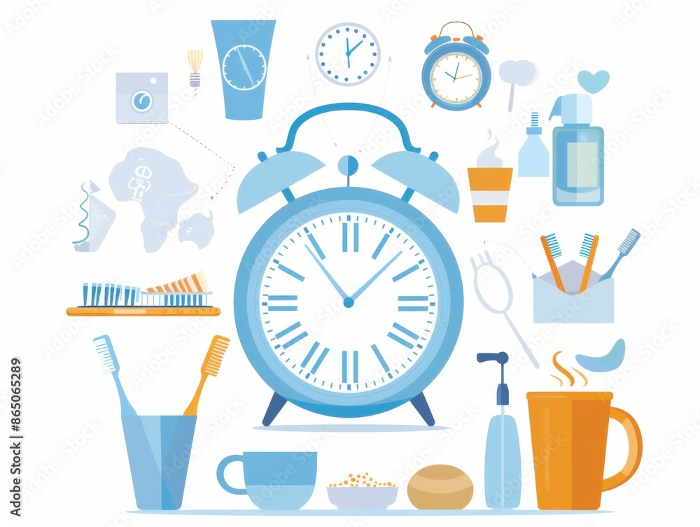 Daily routine timeline (alarm clock, toothbrush, coffee cup icons ...