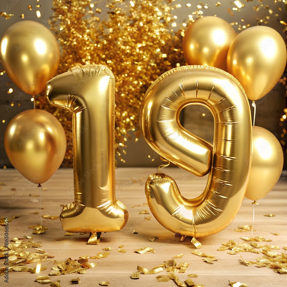 the number 19 years old, decorated with golden balloons and shiny ...